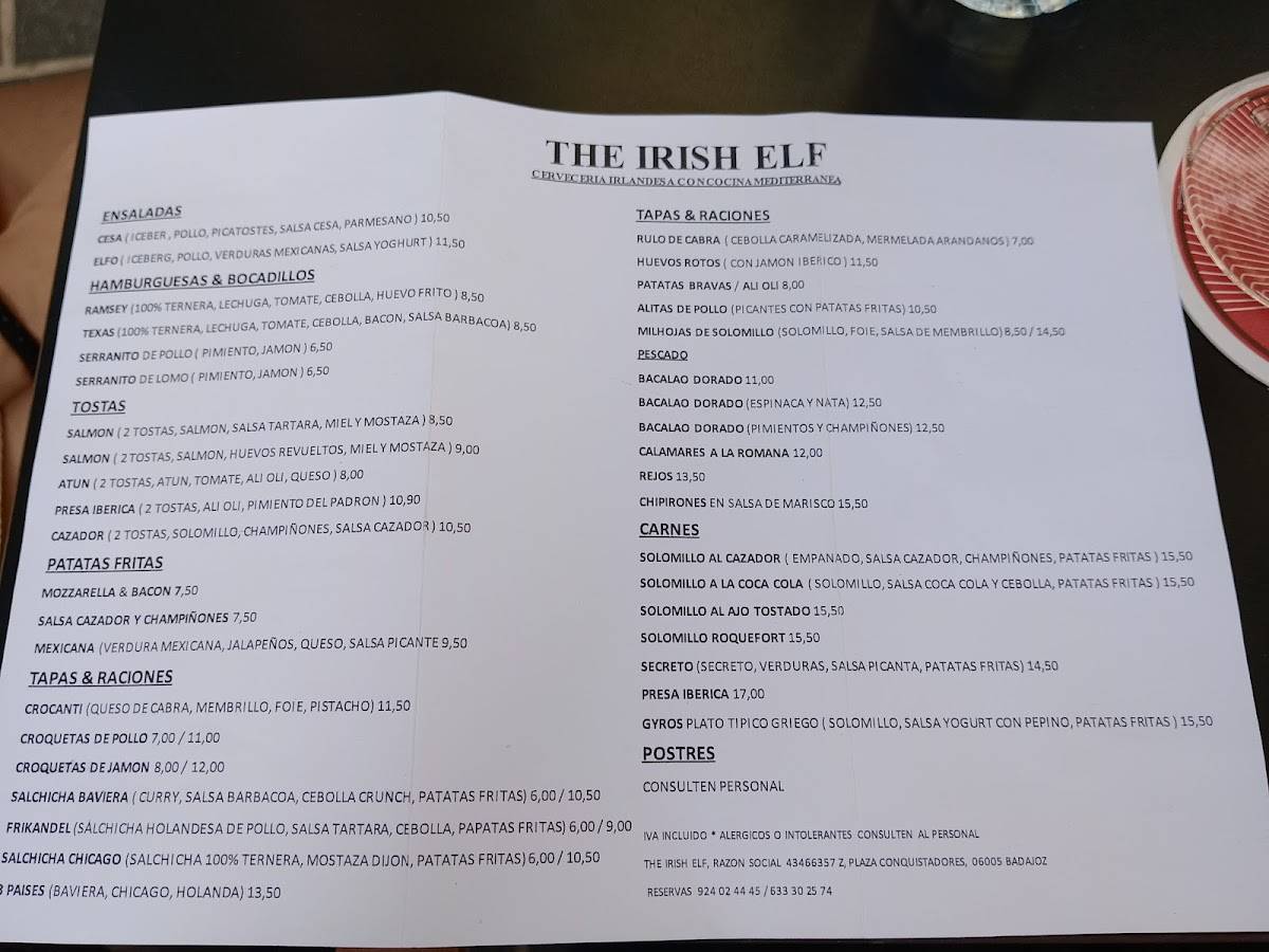 Menu at The Irish Elf pub & bar, Badajoz