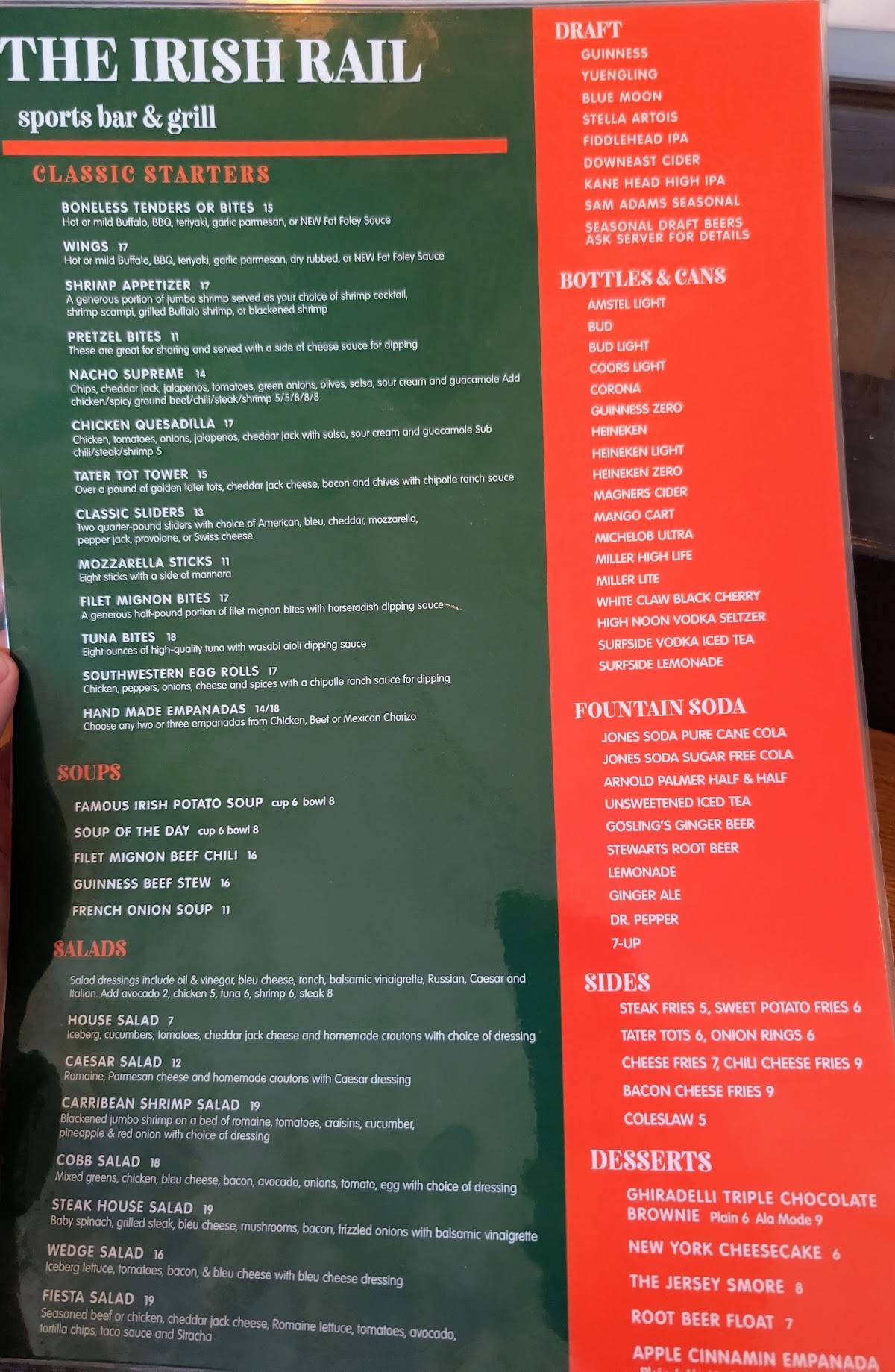 Carta del pub y bar The Irish Rail, Manasquan