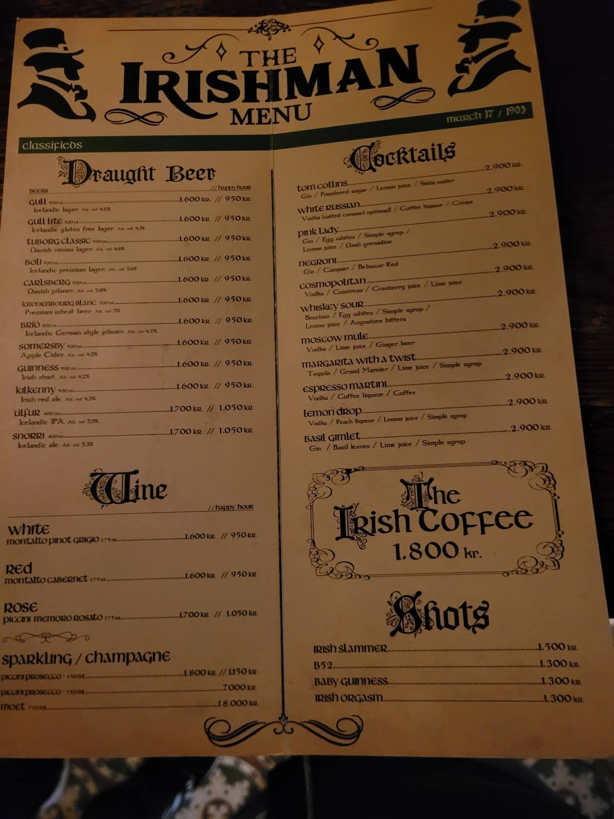 Menu at The Irishman Pub, Reykjavík
