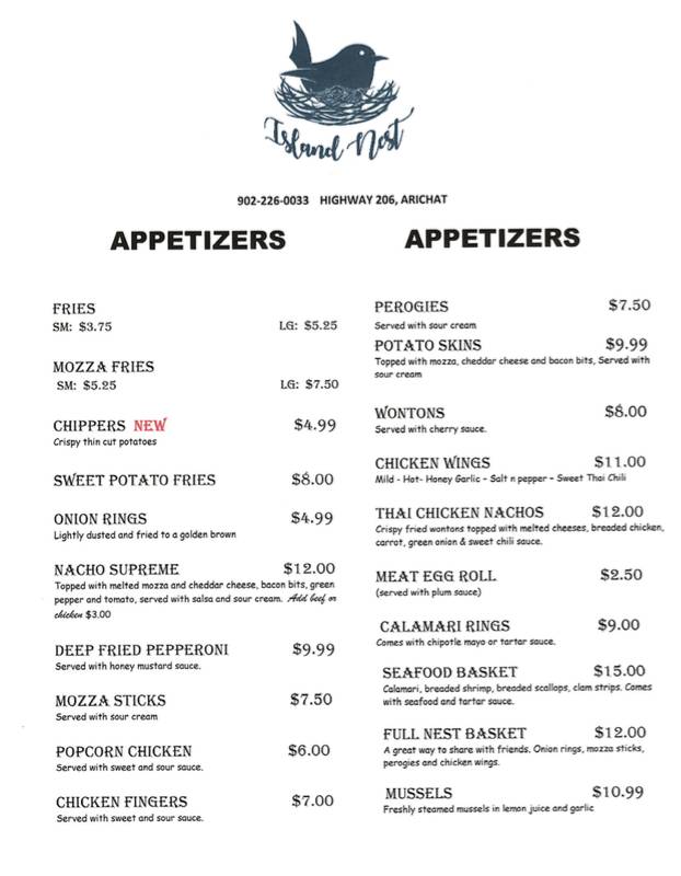 Menu at The Island Nest restaurant, Arichat, NS-206