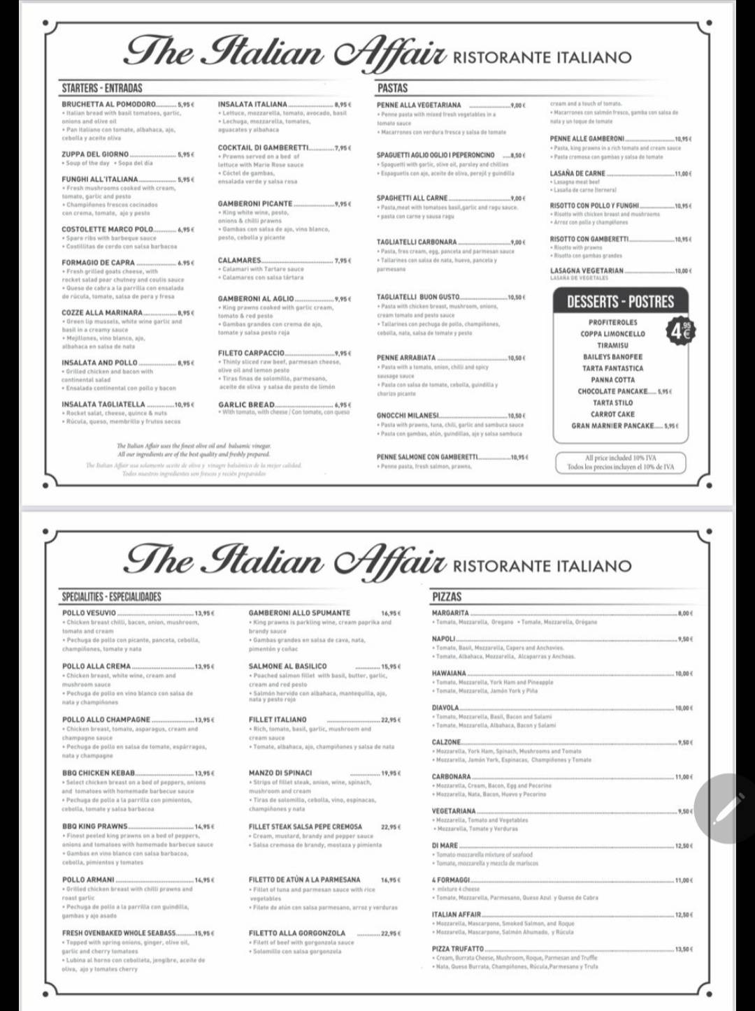 Menu at The Italian Affair restaurant, Cabo Roig, Avenida del Cabo