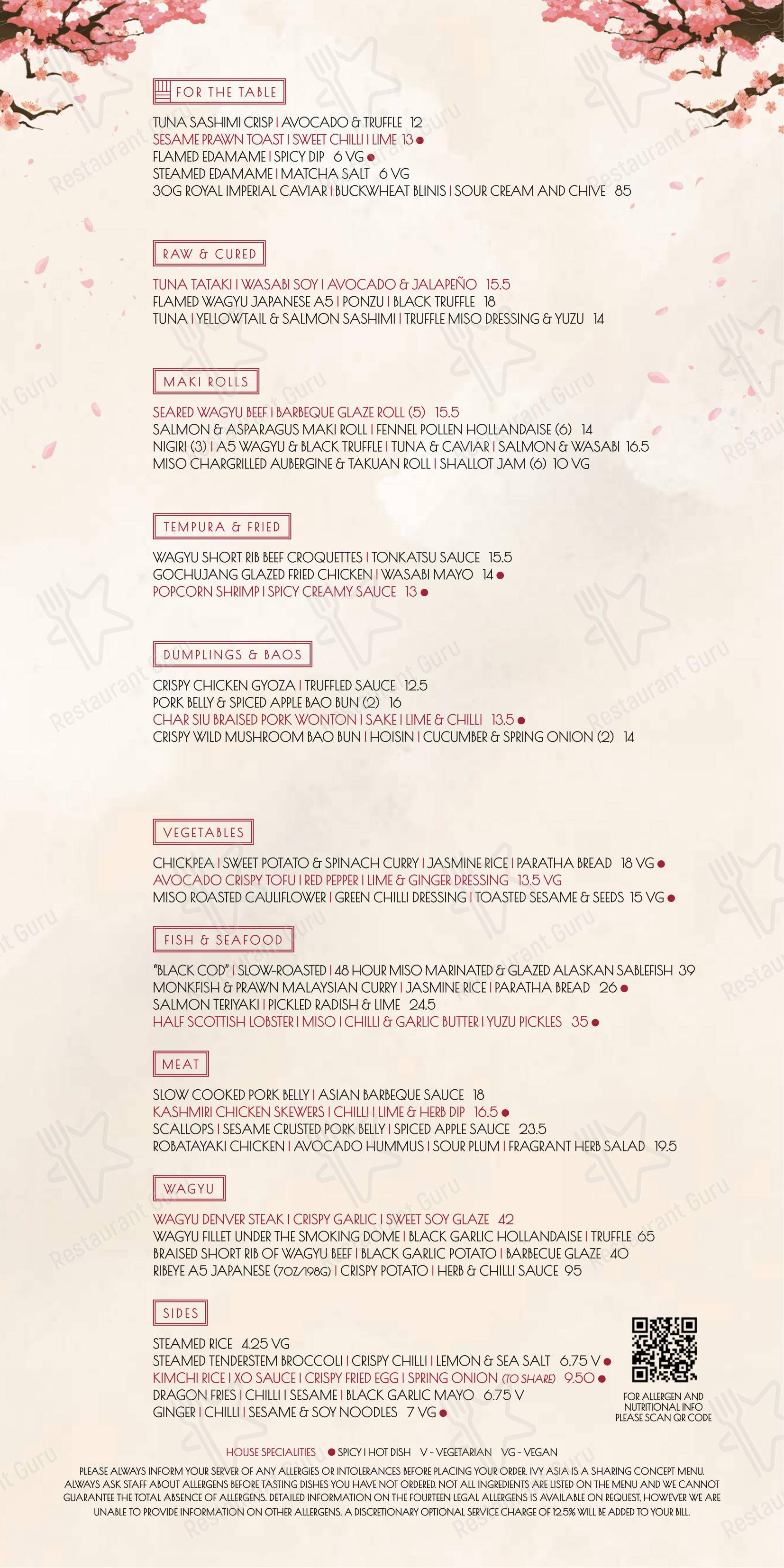 Menu at The Ivy Asia Manchester restaurant, Manchester
