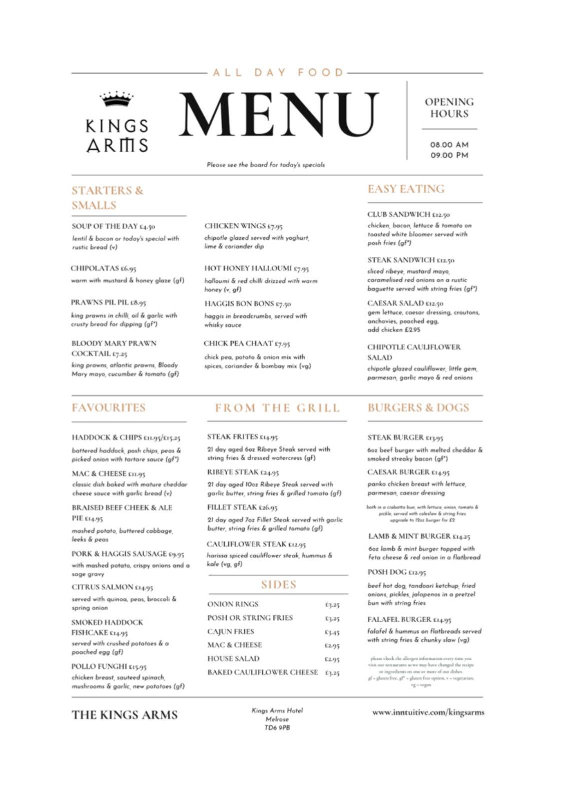 Menu at The Kings Arms Hotel pub & bar, Melrose
