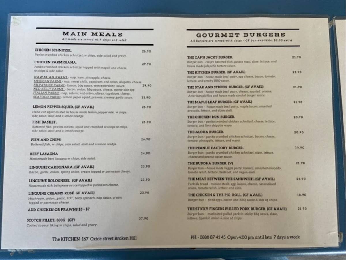 Menu at The Kitchen Broken Hill restaurant, Broken Hill