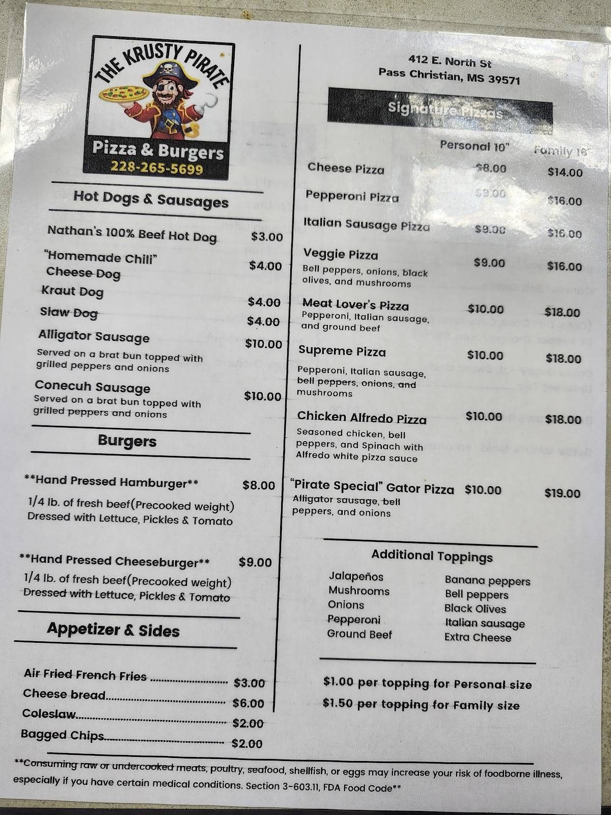 Menu at The Krusty Pirate restaurant, Pass Christian