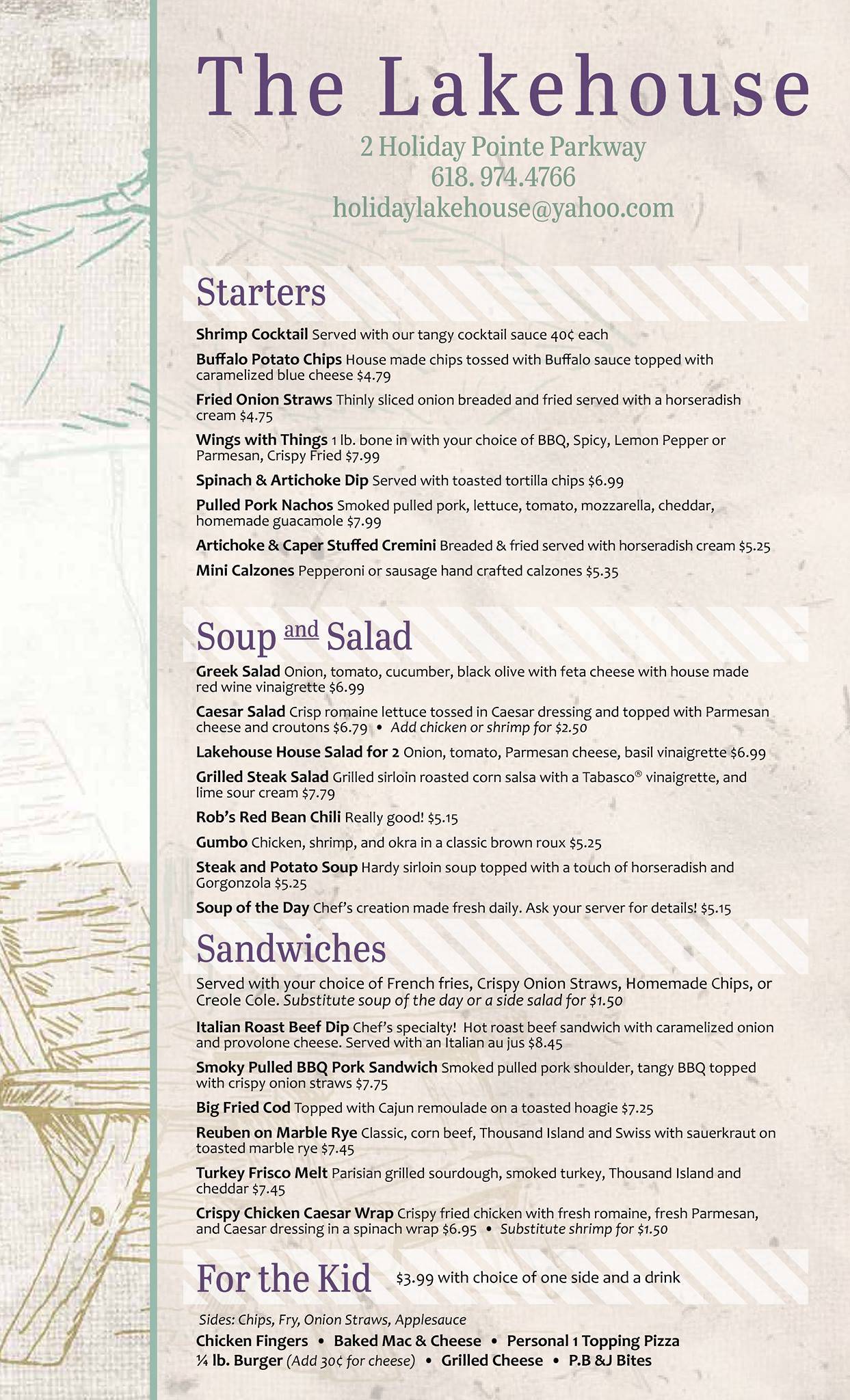 Menu at The Lakehouse Restaurant, Holiday Shores