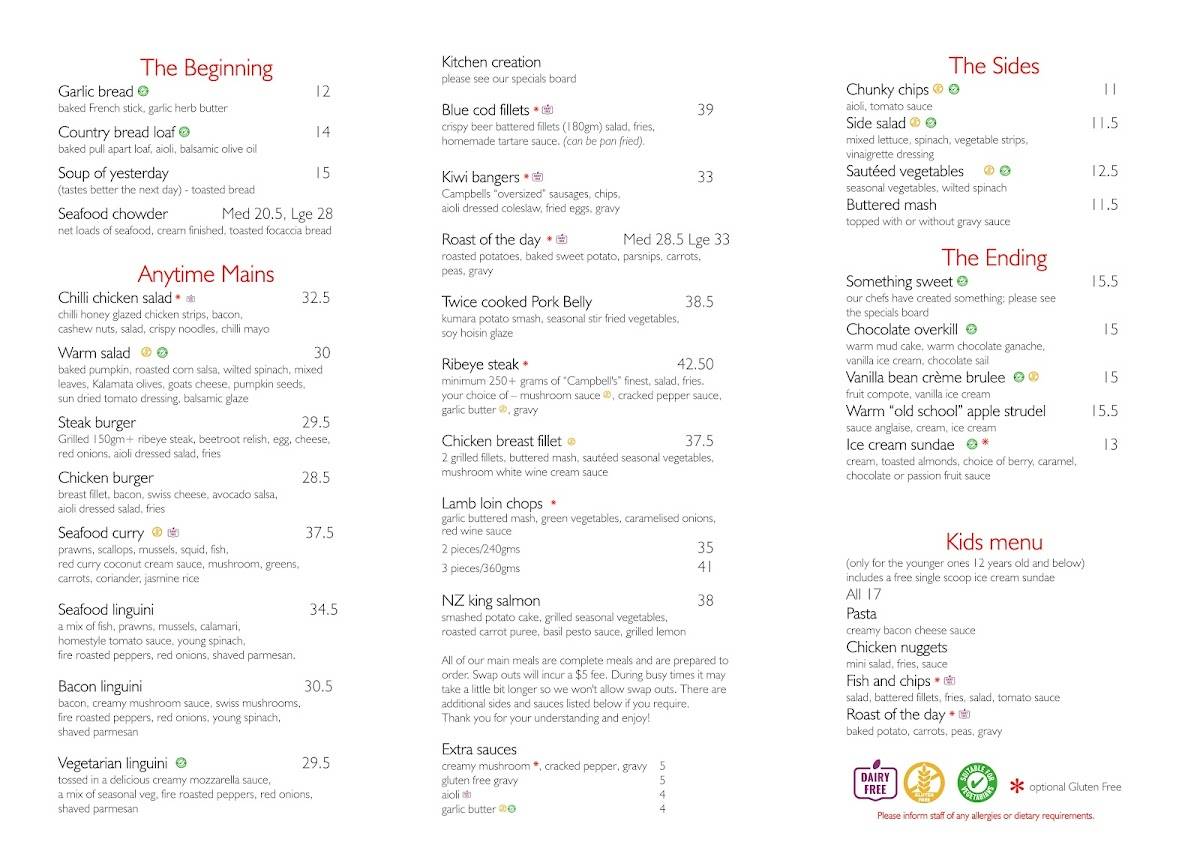 Menu at The Last Post, Restaurant, Bar & Catering Service, Oamaru