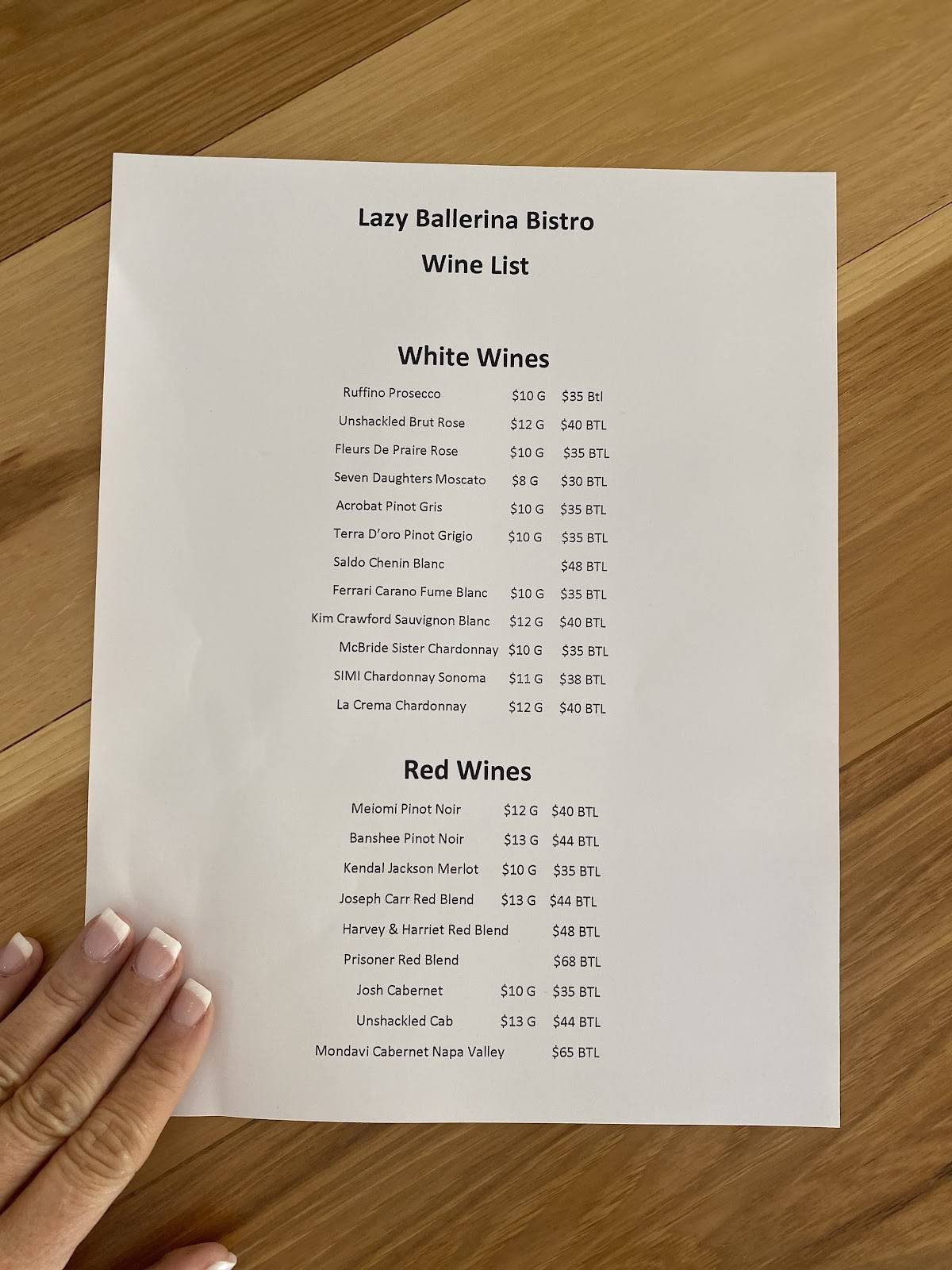 The Lazy Ballerina Bistro Menu
