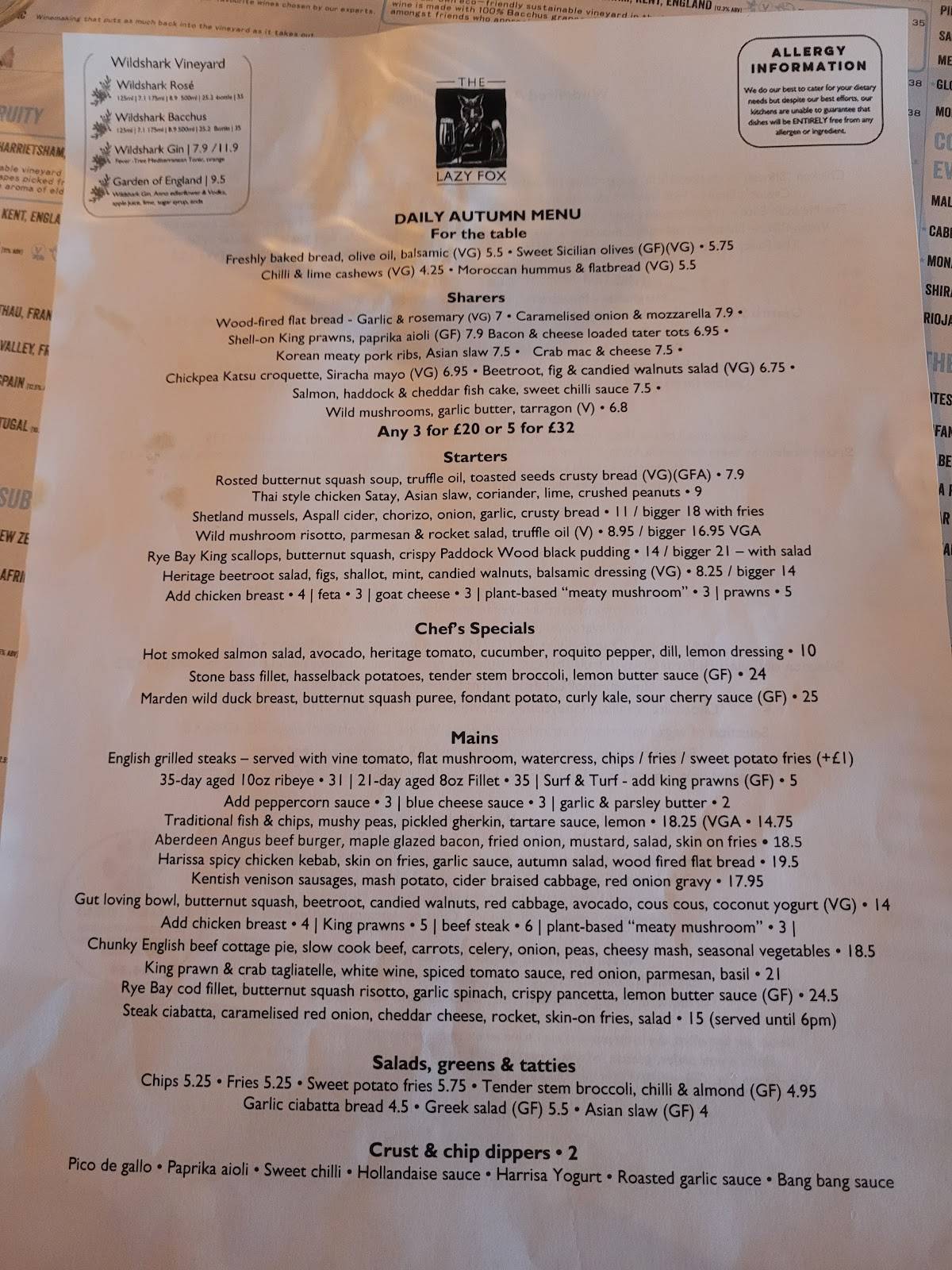 Menu at The Lazy Fox pub & bar, Rotherfield