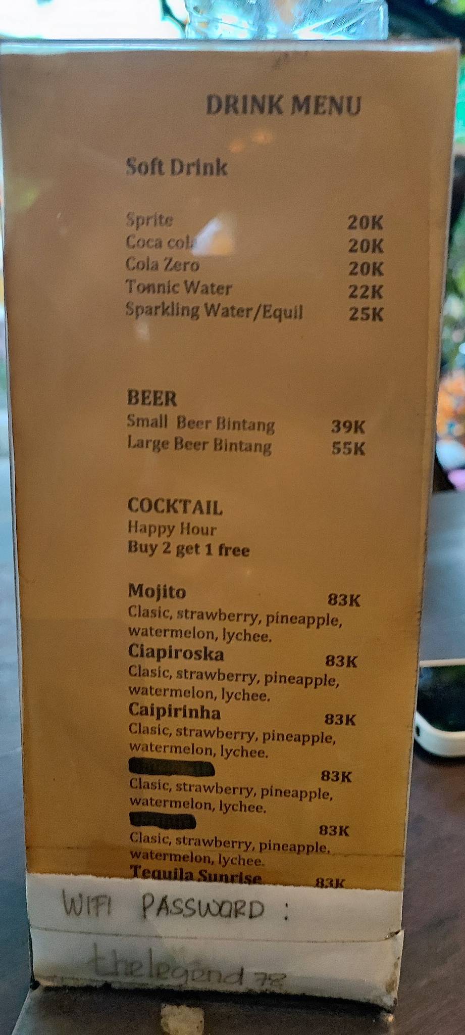 Menu at The Legend Cafe, Ubud