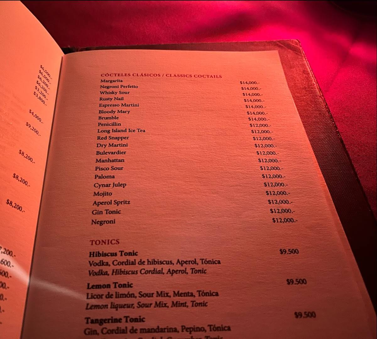 Menu at The Library Lounge Faena Bar, Buenos Aires