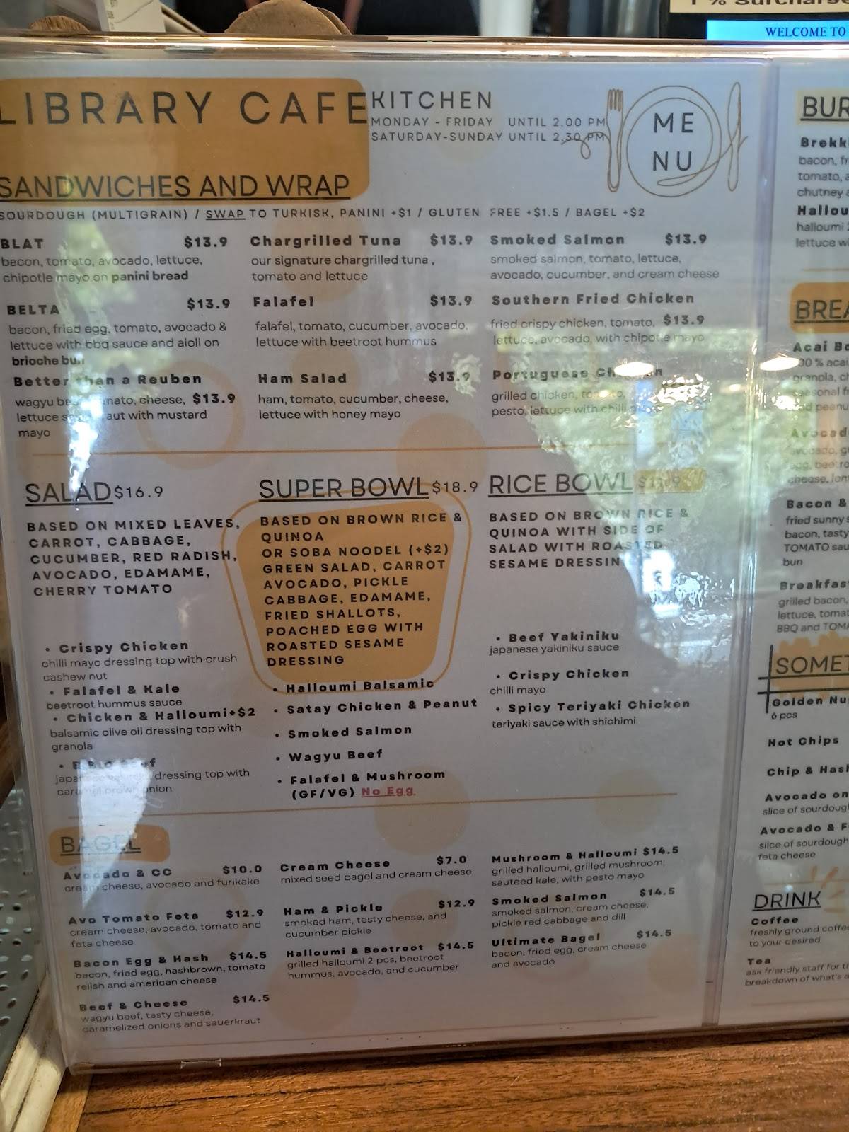 Menu at The Library cafe, North Sydney, 240 Miller St