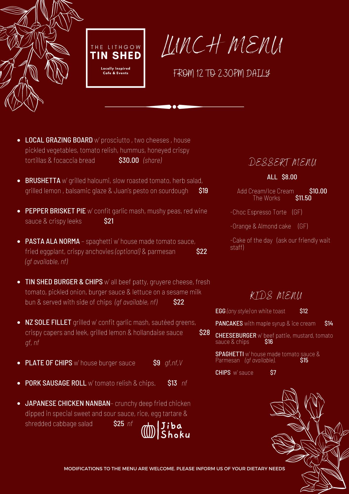 Menu at The Lithgow Tin Shed cafe, Lithgow, 69 Bridge St