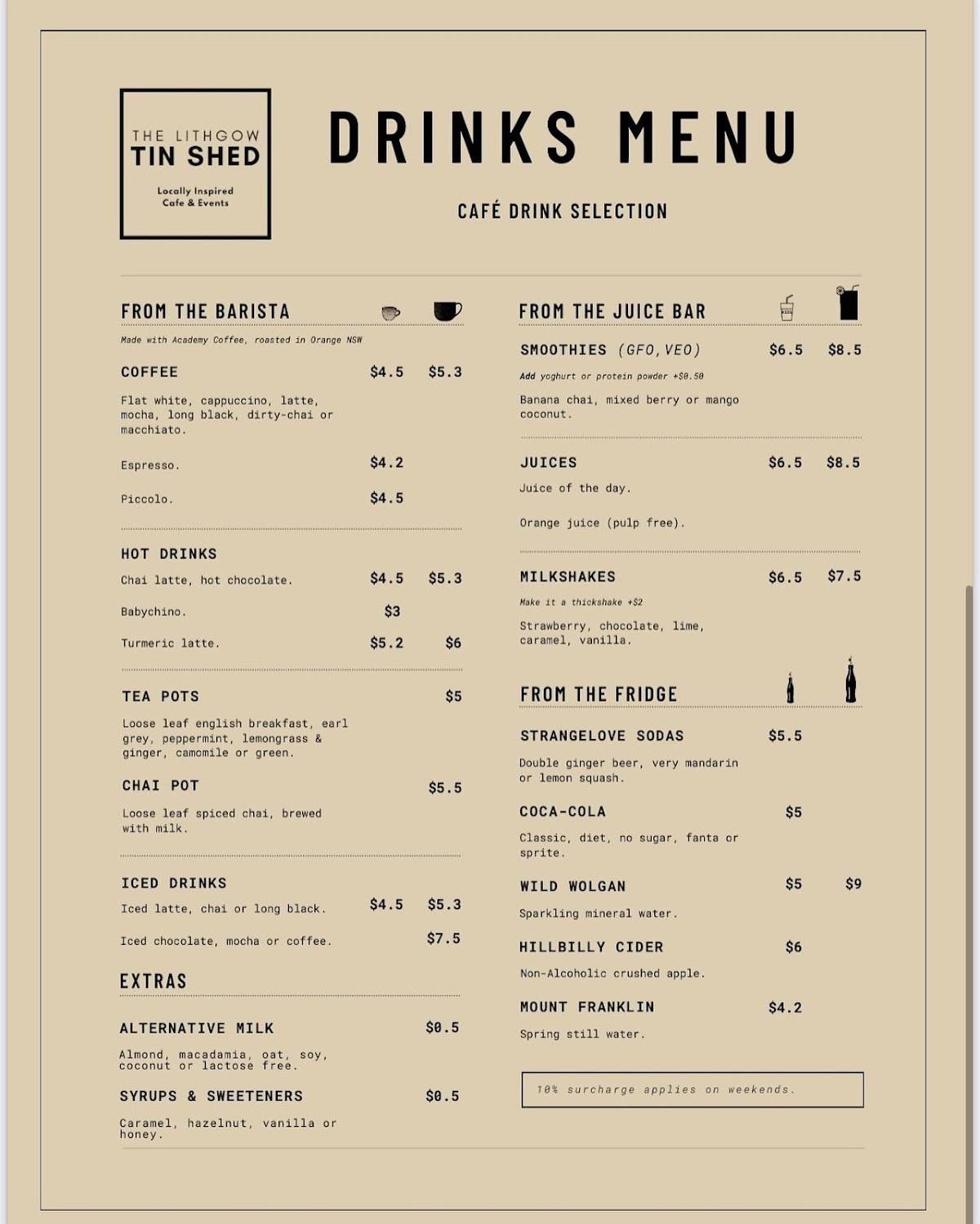 Menu at The Lithgow Tin Shed cafe, Lithgow, 69 Bridge St