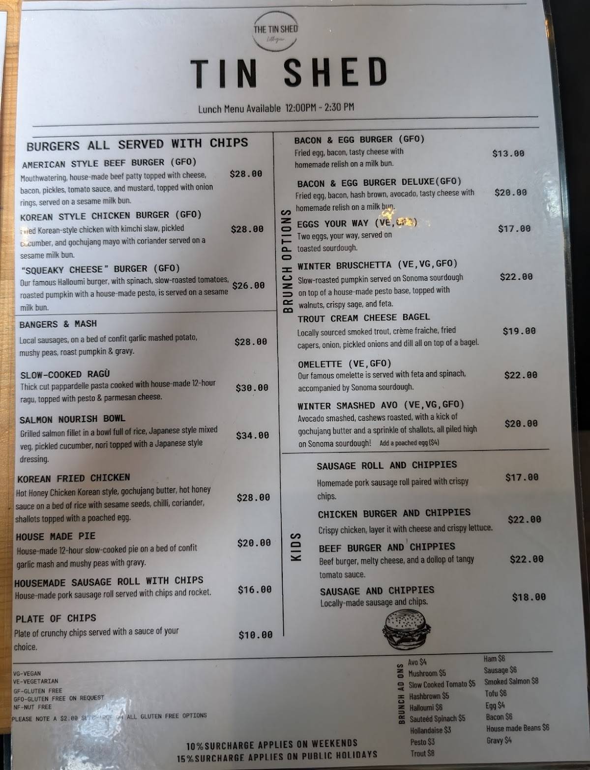 Menu at The Lithgow Tin Shed cafe, Lithgow, 69 Bridge St
