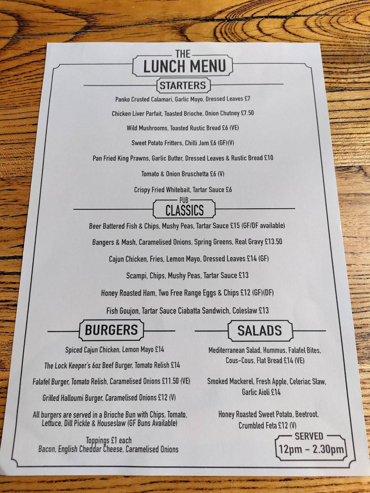 Menu at The Lock Keepers restaurant, Gloucester