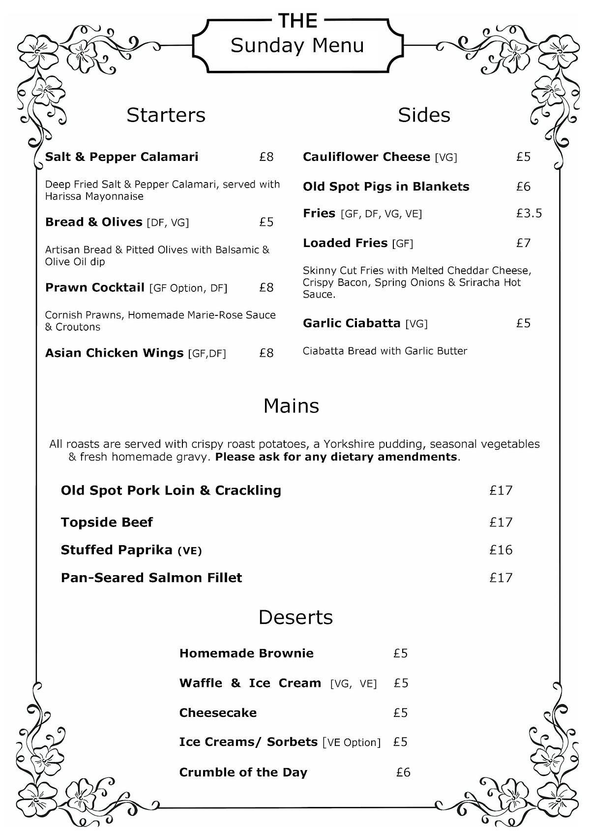 Menu at The Lock Keepers restaurant, Gloucester