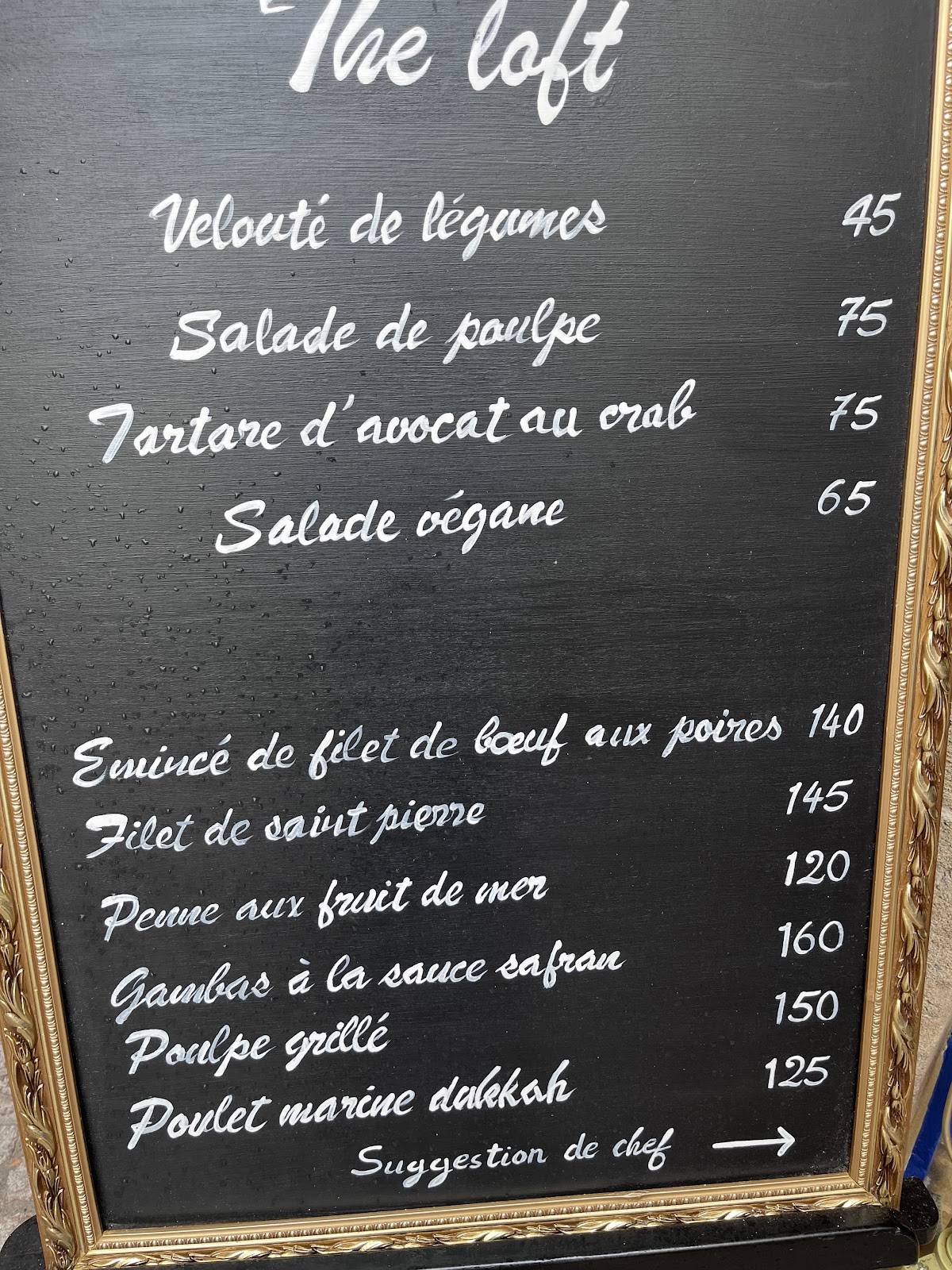 Menu at The Loft restaurant, Essaouira