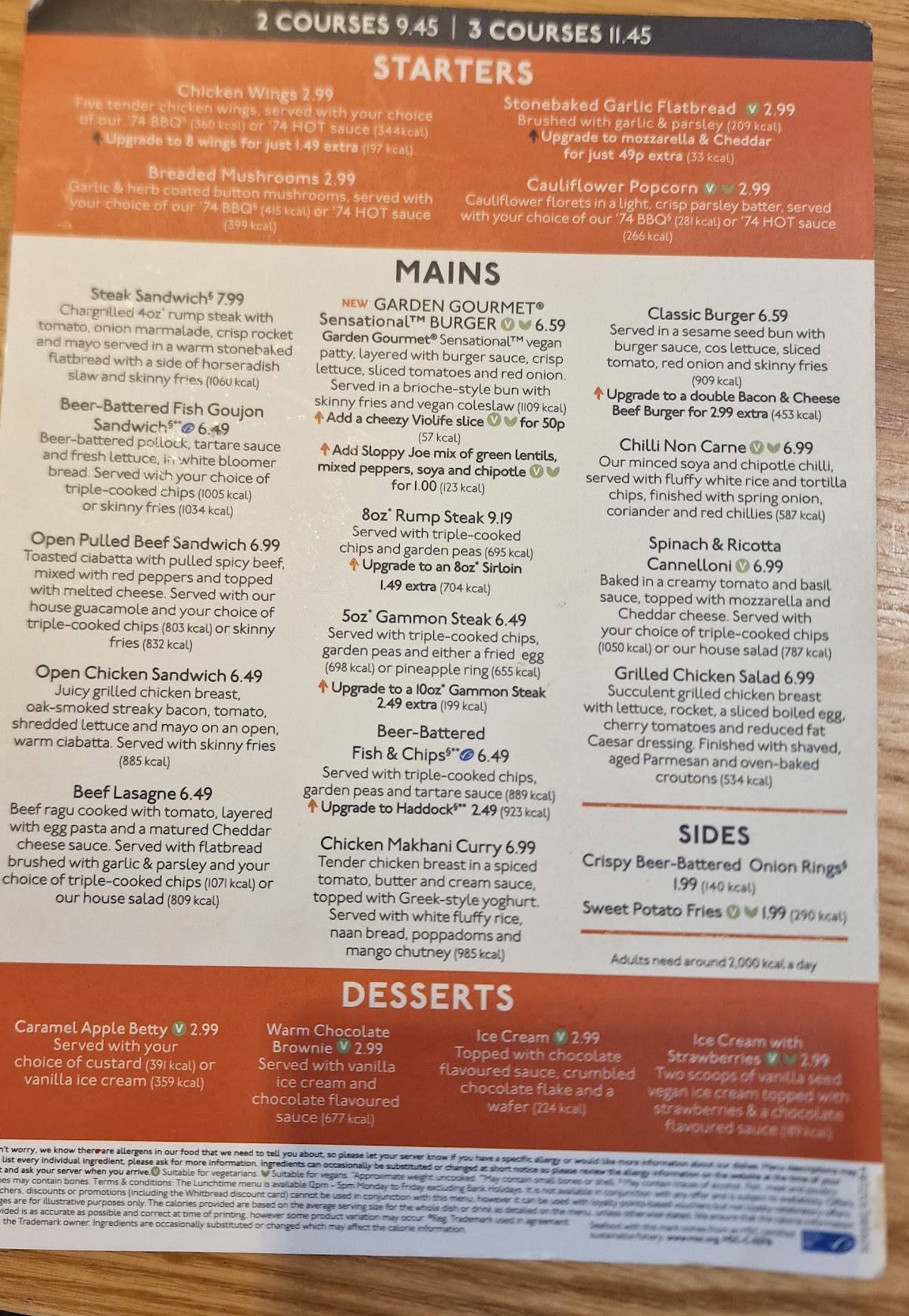 Menu at The Longbow Beefeater steakhouse, Llantrisant