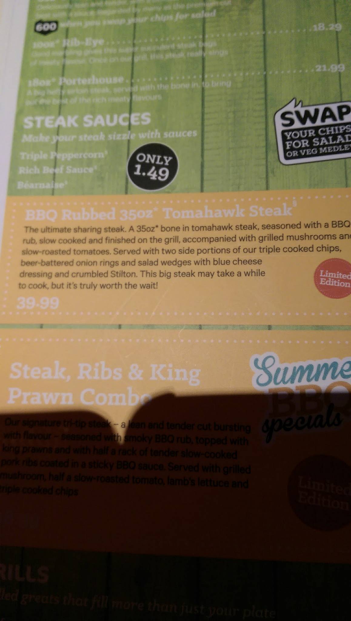 Menu at The Longbow Beefeater steakhouse, Llantrisant