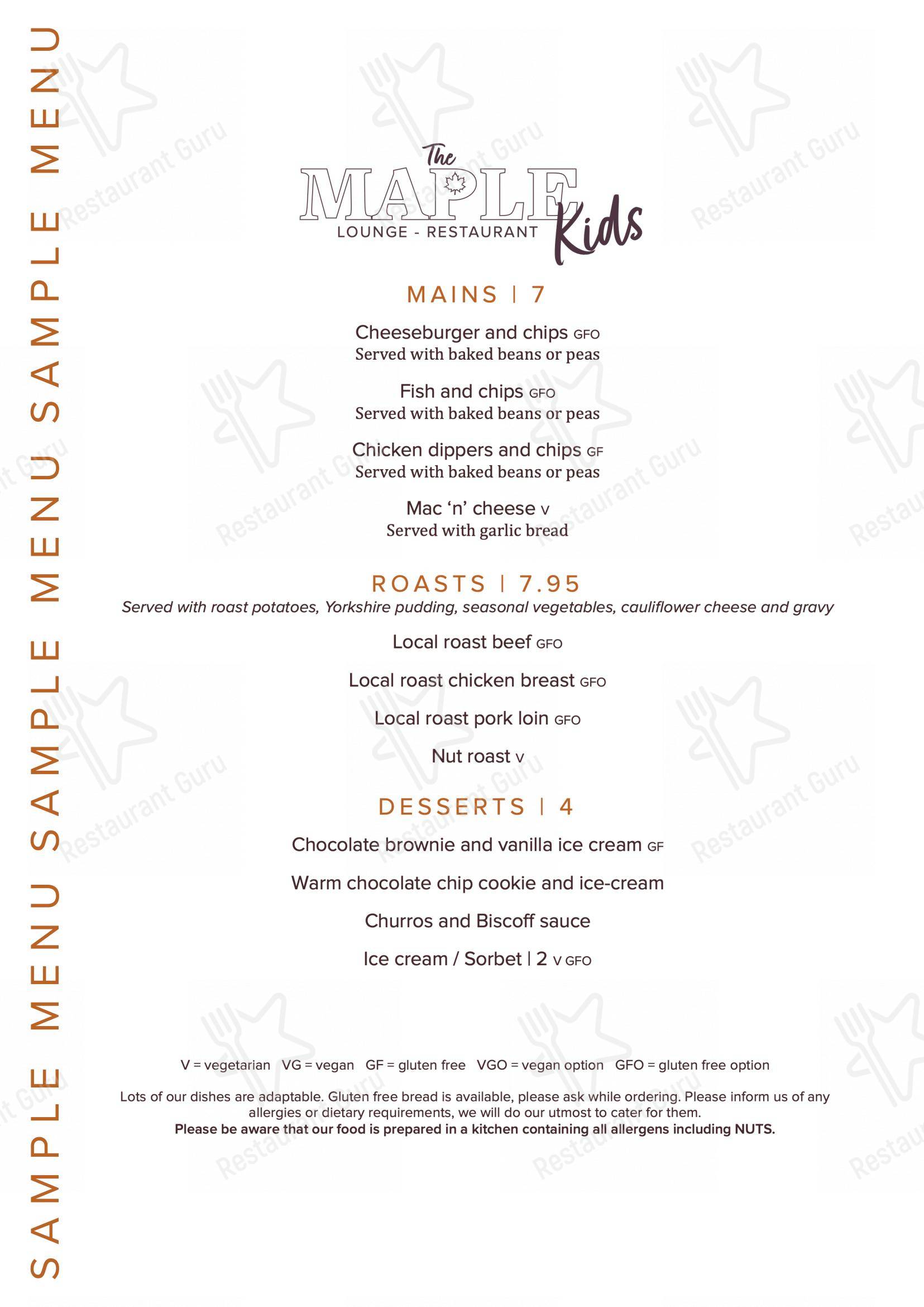 Menu at The Maple restaurant, Bristol, Cleeve