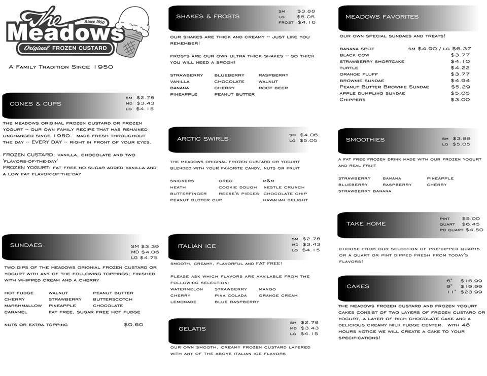Menu at The Meadows Original Frozen Custard, Ebensburg, 169 Mini Mall Rd
