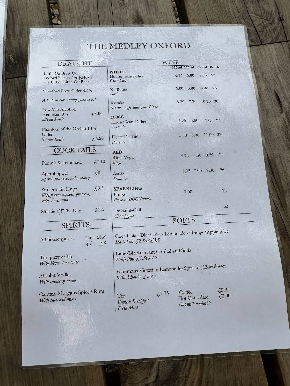 Menu at The Medley pub & bar, Oxford