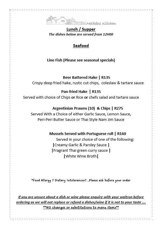 Menu at The Melkbos Kitchen restaurant, Cape Town