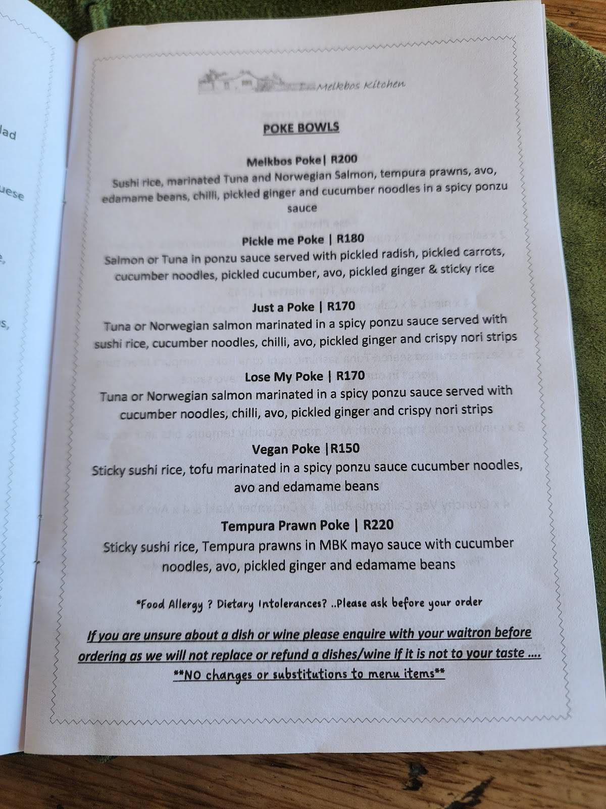 Menu at The Melkbos Kitchen restaurant, Cape Town