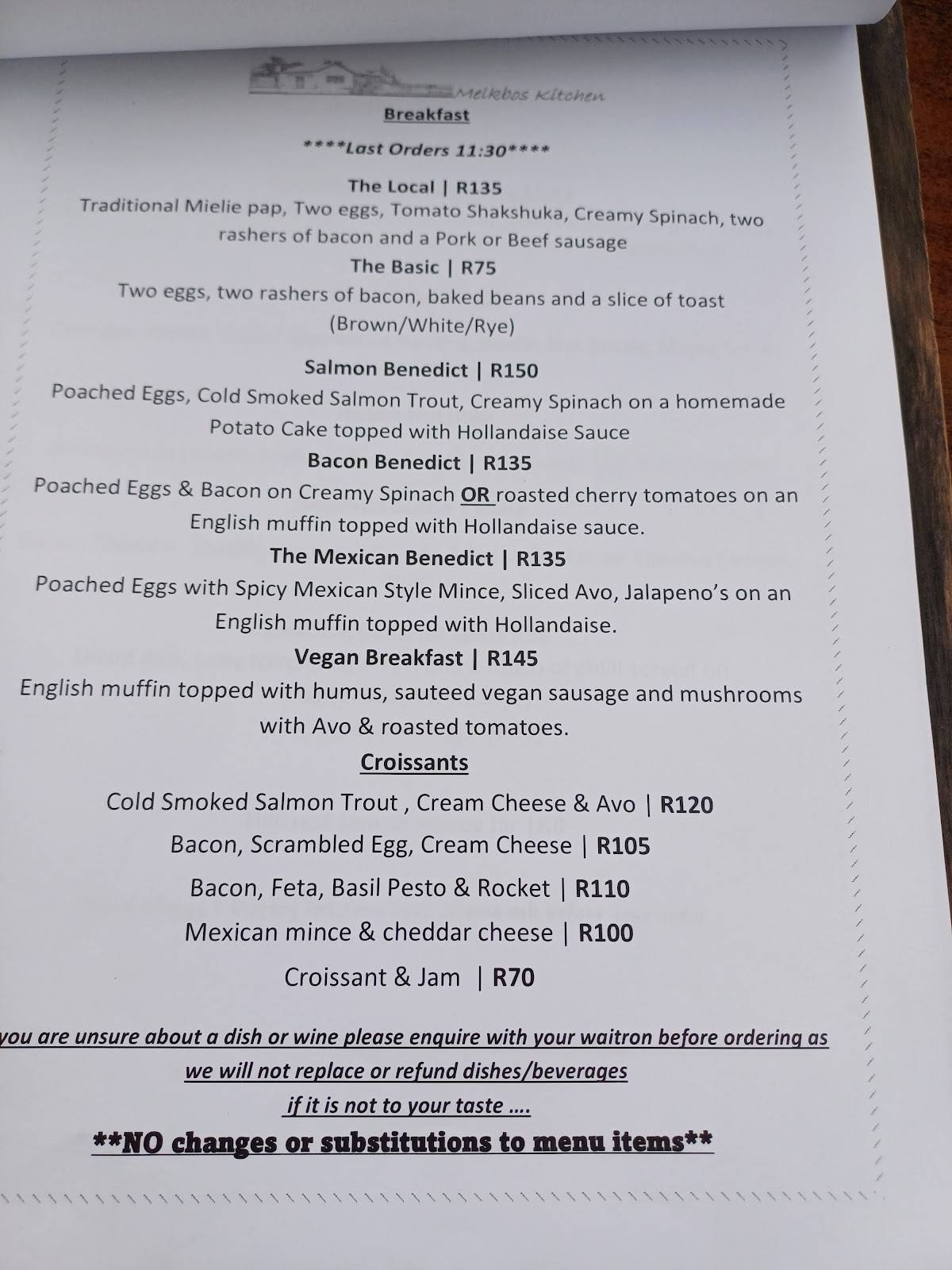 Menu at The Melkbos Kitchen restaurant, Cape Town