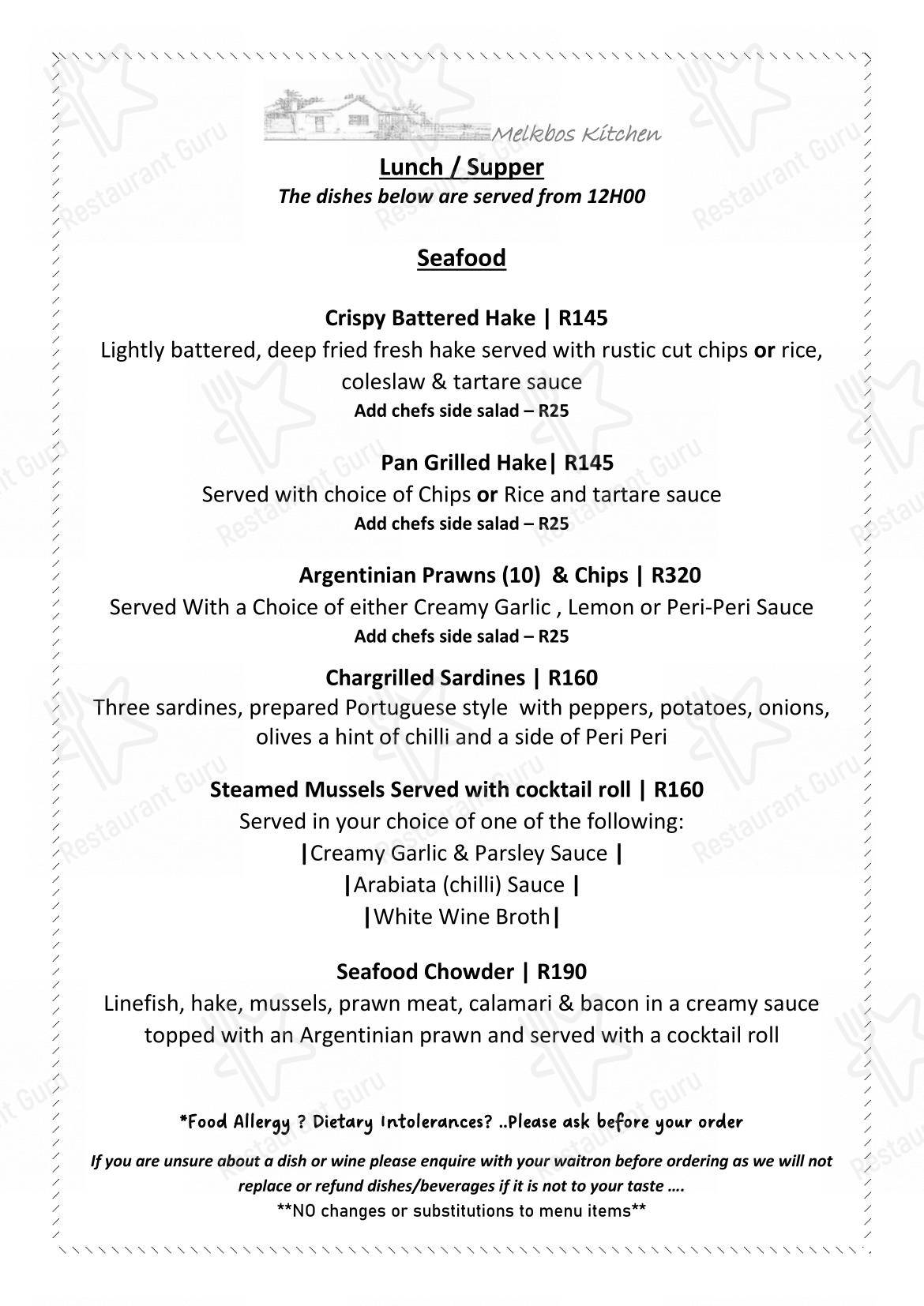 Menu at The Melkbos Kitchen restaurant, Cape Town
