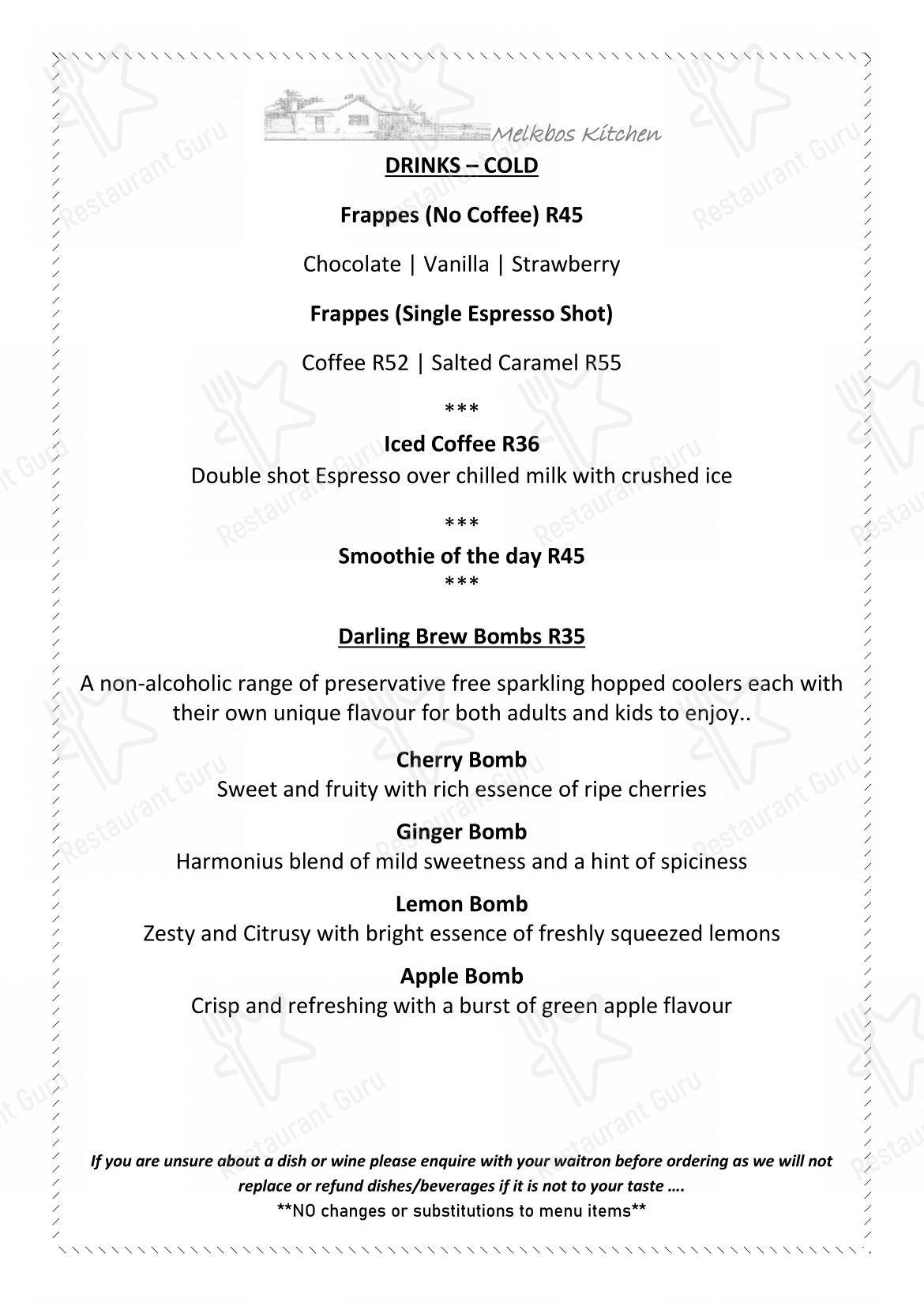 Menu at The Melkbos Kitchen restaurant, Cape Town