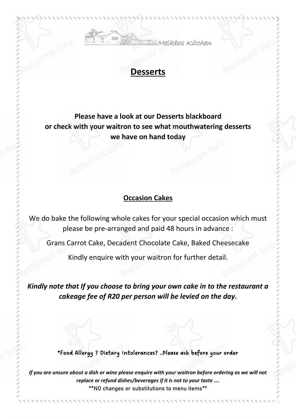 Menu at The Melkbos Kitchen restaurant, Cape Town