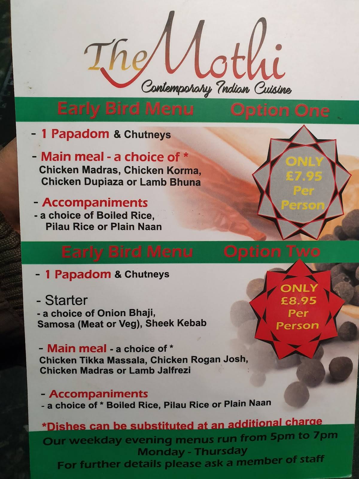 Menu at The Mothi restaurant, Cadishead