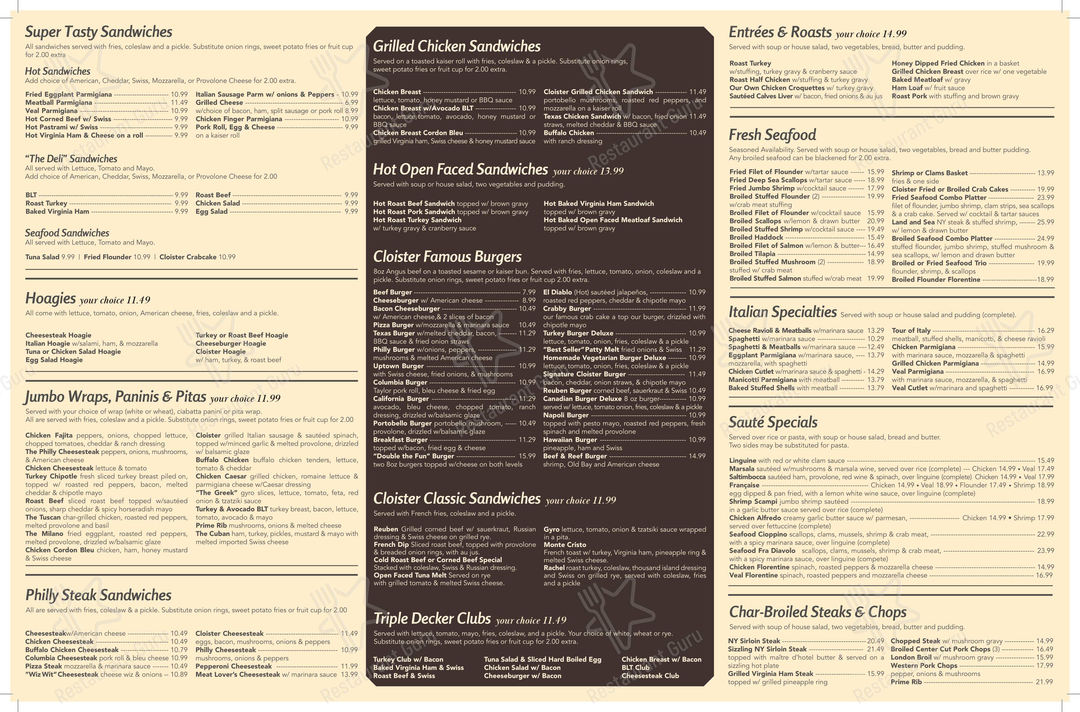 Menu at The New Cloister Restaurant, Ephrata