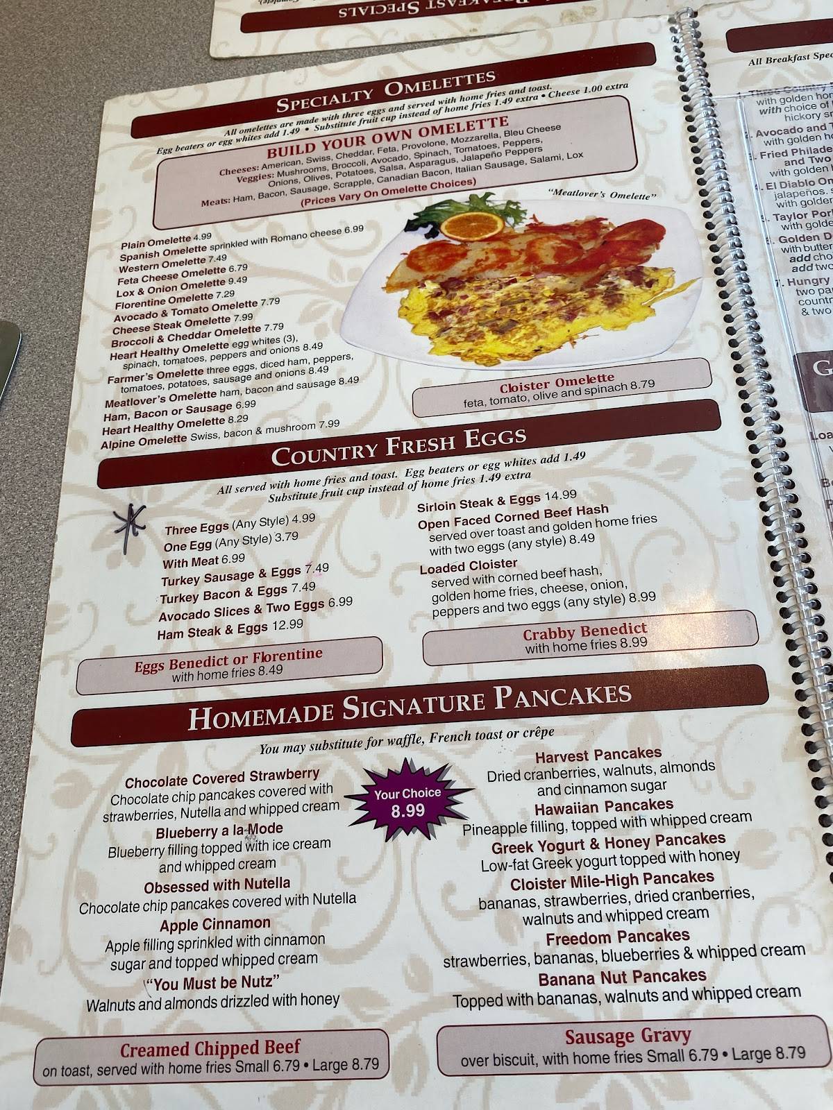 Menu at The New Cloister Restaurant, Ephrata