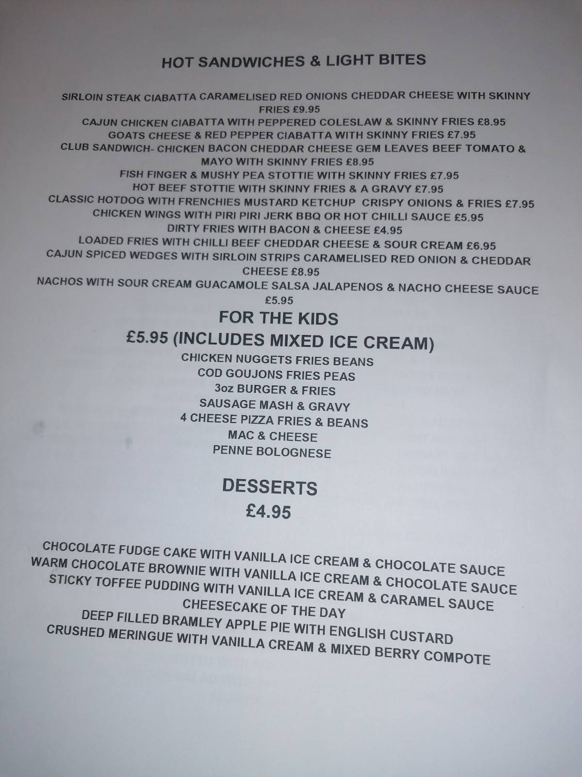 Menu at The Nine Pins Saltwell pub & bar, Gateshead