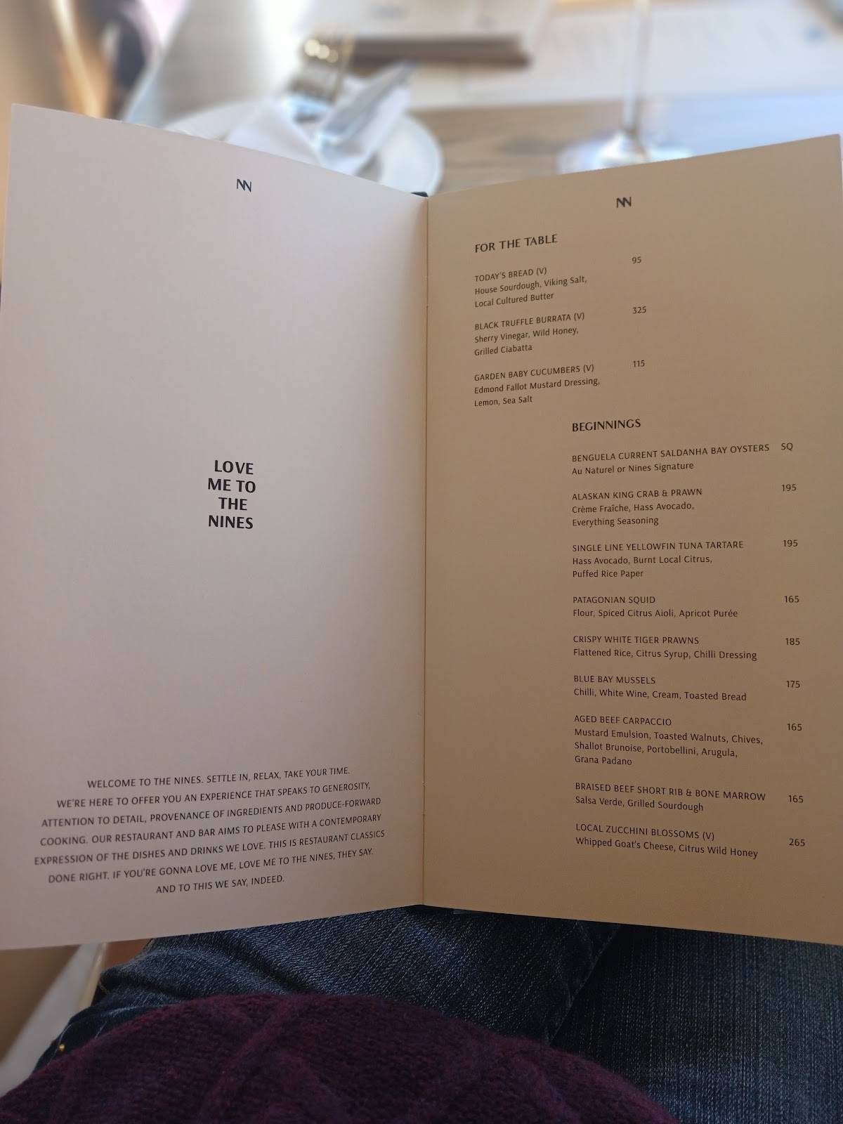 Menu at The Nines by Kove Collection restaurant, Cape Town