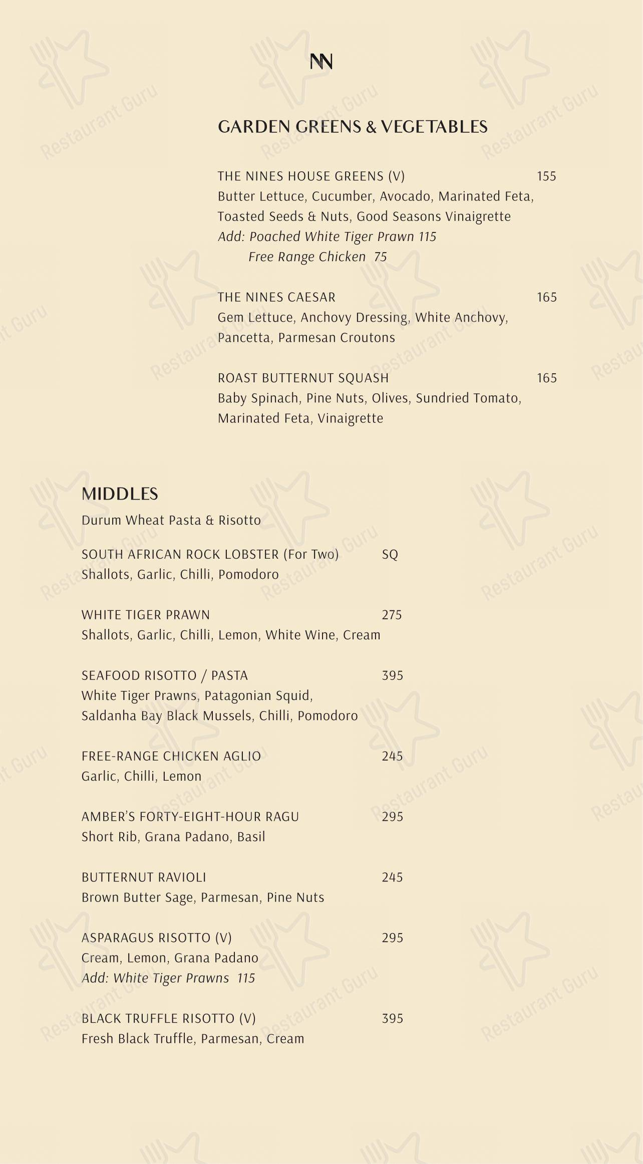 Menu at The Nines restaurant, Cape Town