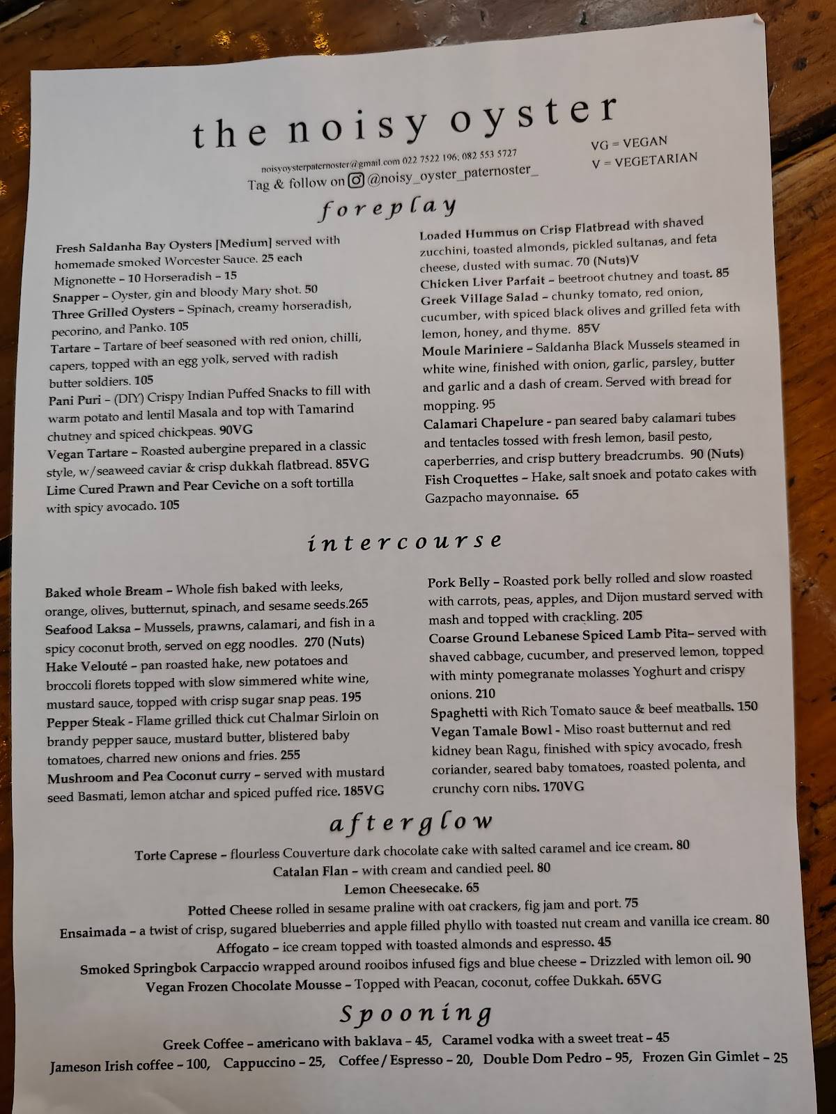 Menu at The Noisy Oyster restaurant, Paternoster