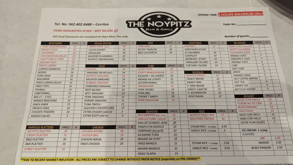 Menu at The Noypitz Bar & Grill, Cerritos