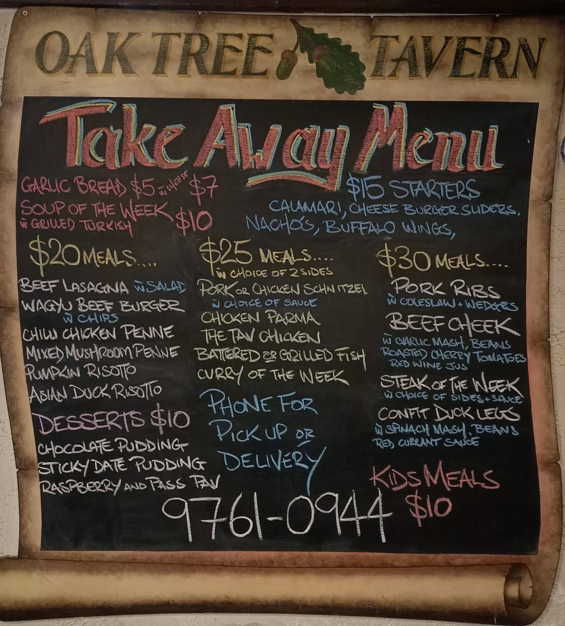 Menu at The Oak Tree Tavern restaurant, The Basin