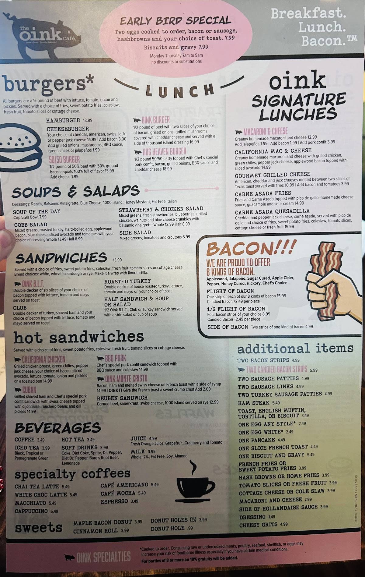 Menu at The Oink Cafe, Tucson