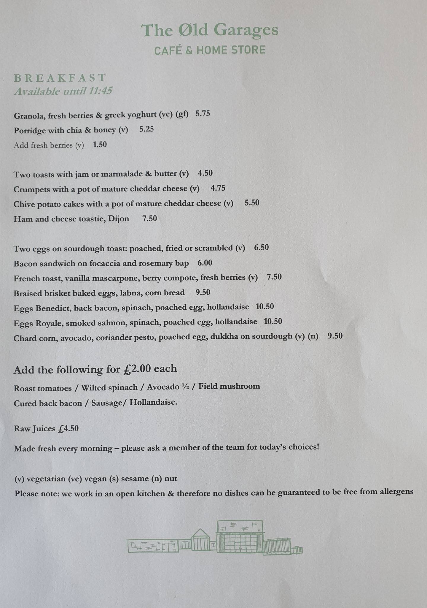 Menu at The Old Garages cafe, Wilmslow