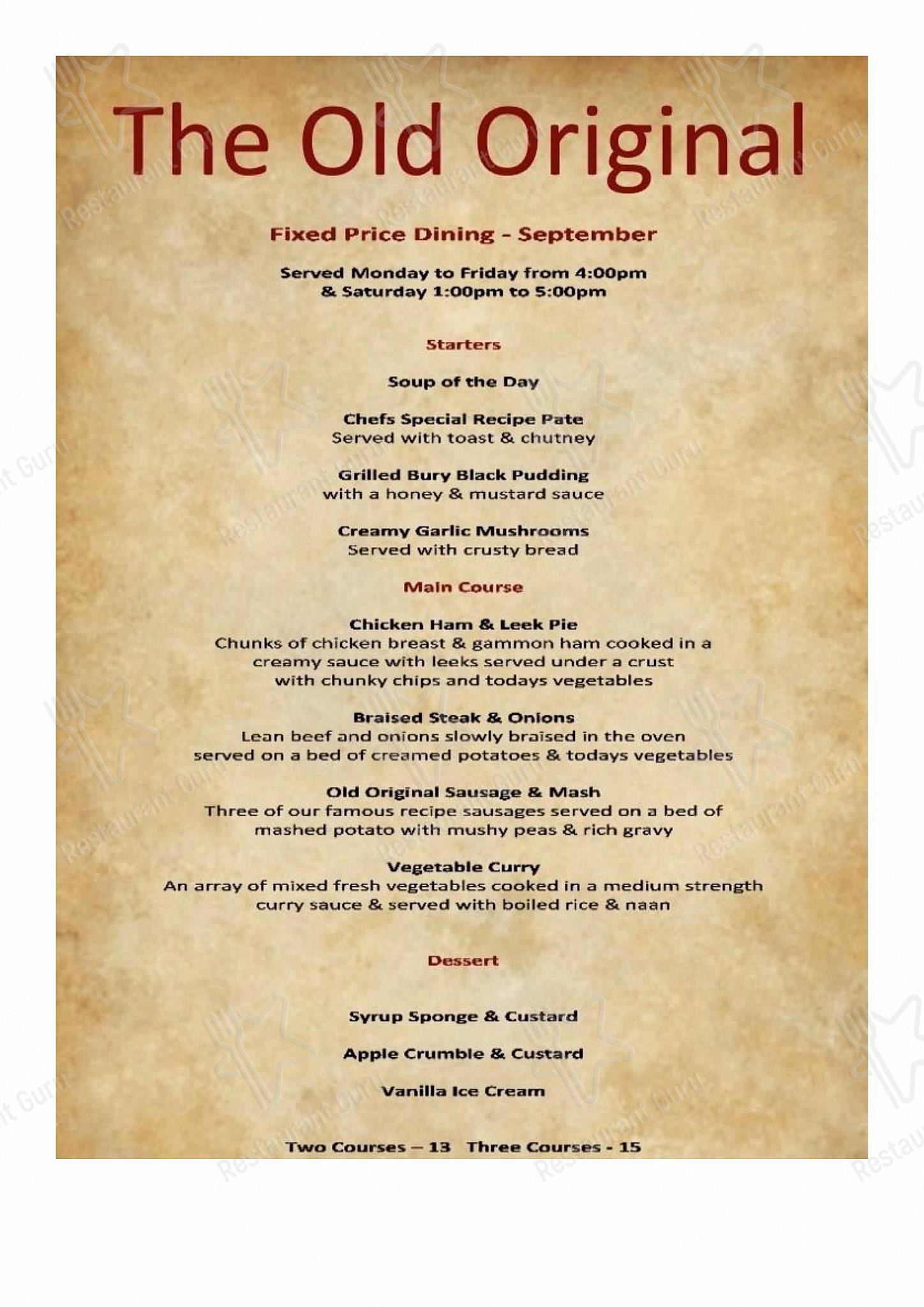 Menu at The Old Original Inn pub & bar, Oldham