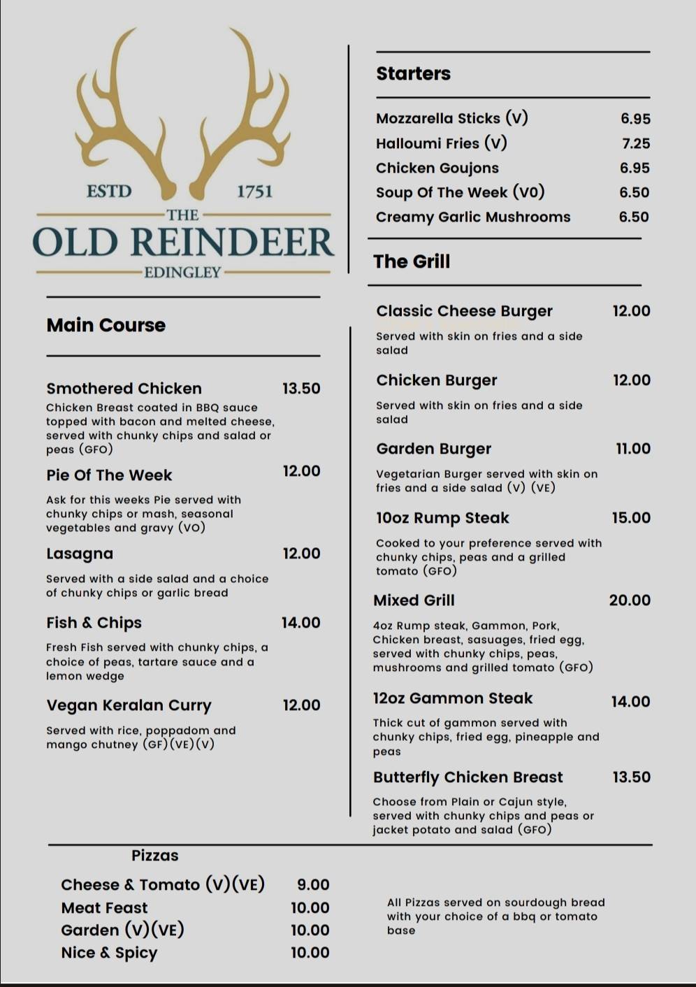 Menu at The Old Reindeer at Edingley restaurant, Rufford, Main St