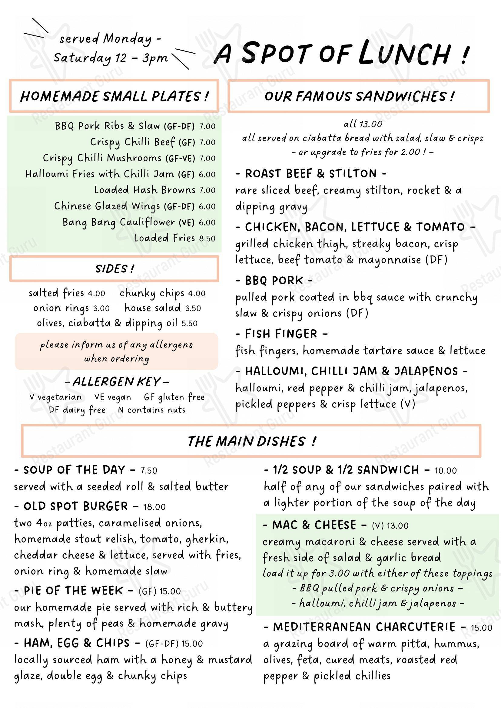 Menu at The Old Spot pub & bar, Dursley
