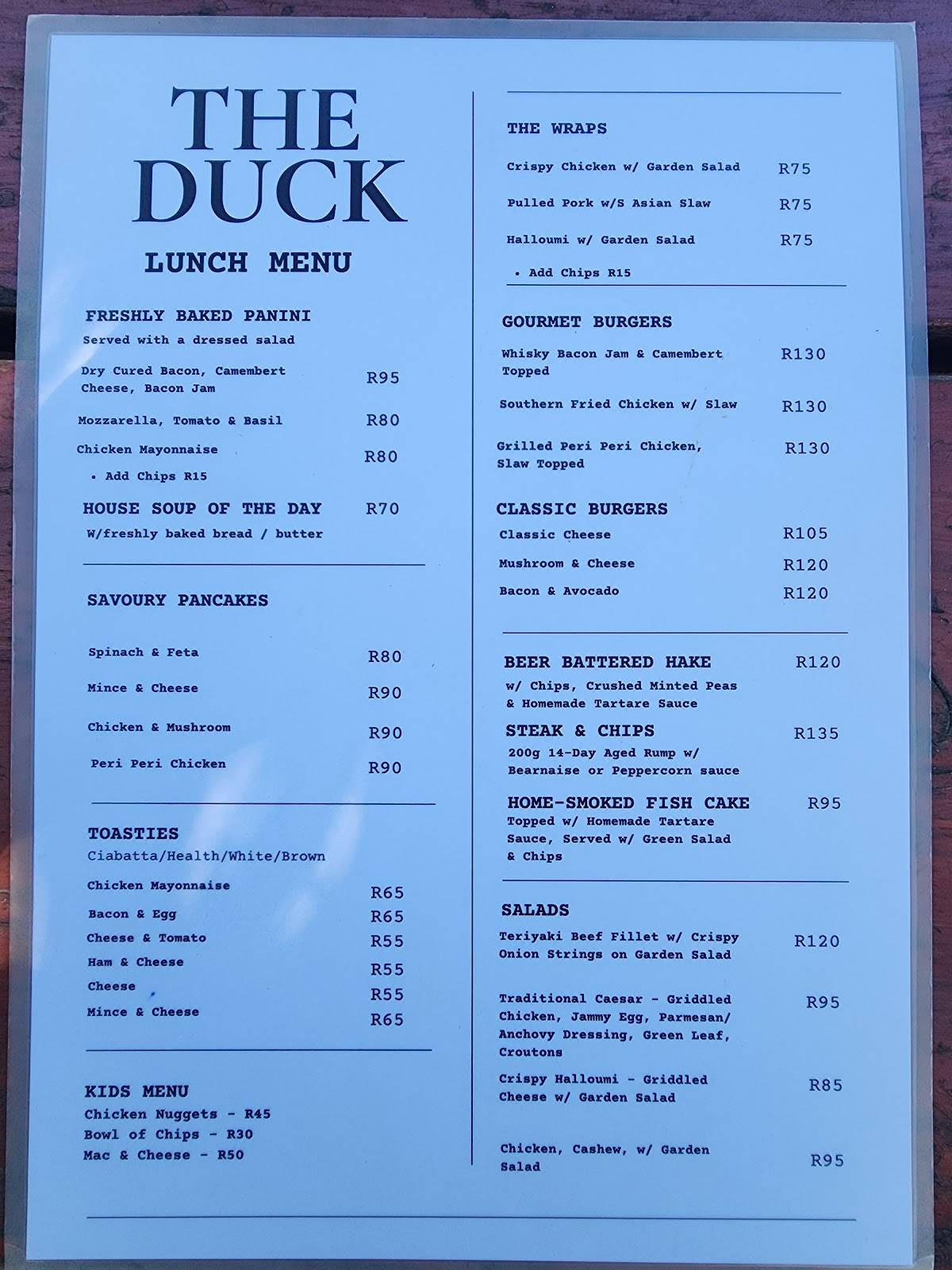 Menu at The Olde Duck restaurant, Underberg