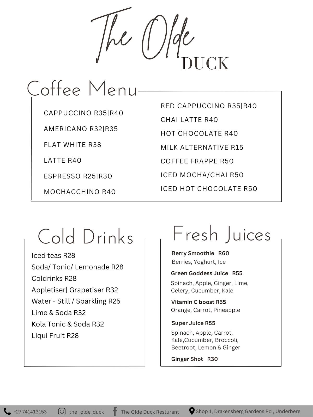 Menu at The Olde Duck restaurant, Underberg