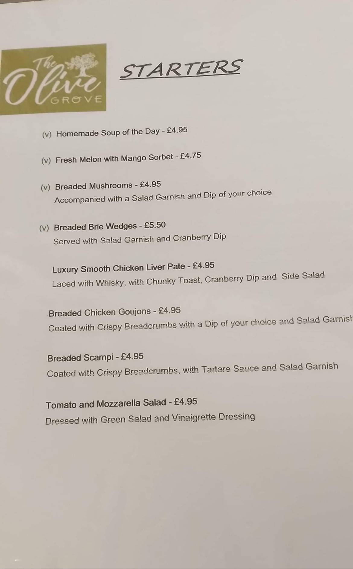 Menu at The Olive Grove restaurant, Cannock